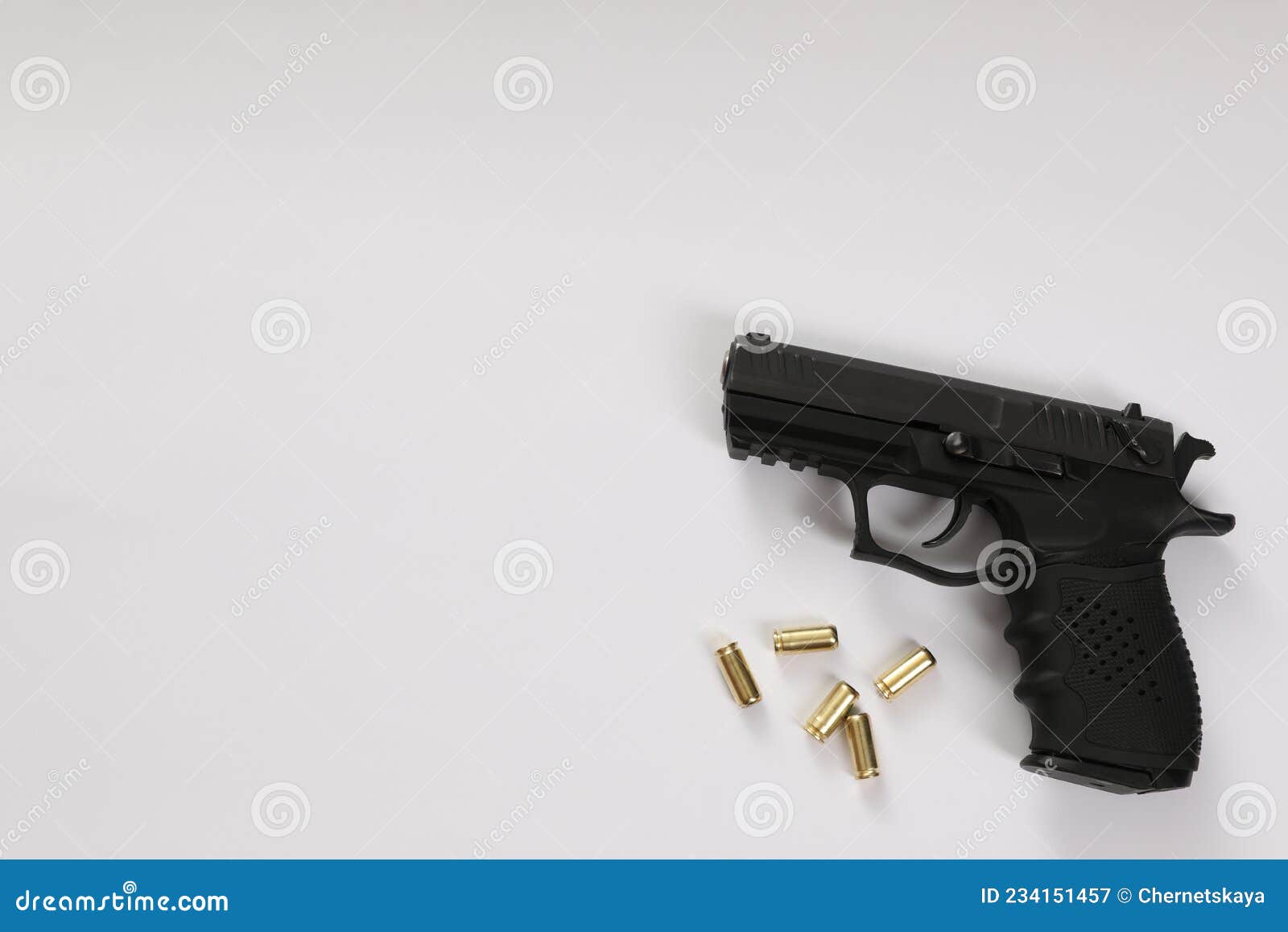 Handgun and Bullets on White Background, Flat Lay. Space for Text Stock ...