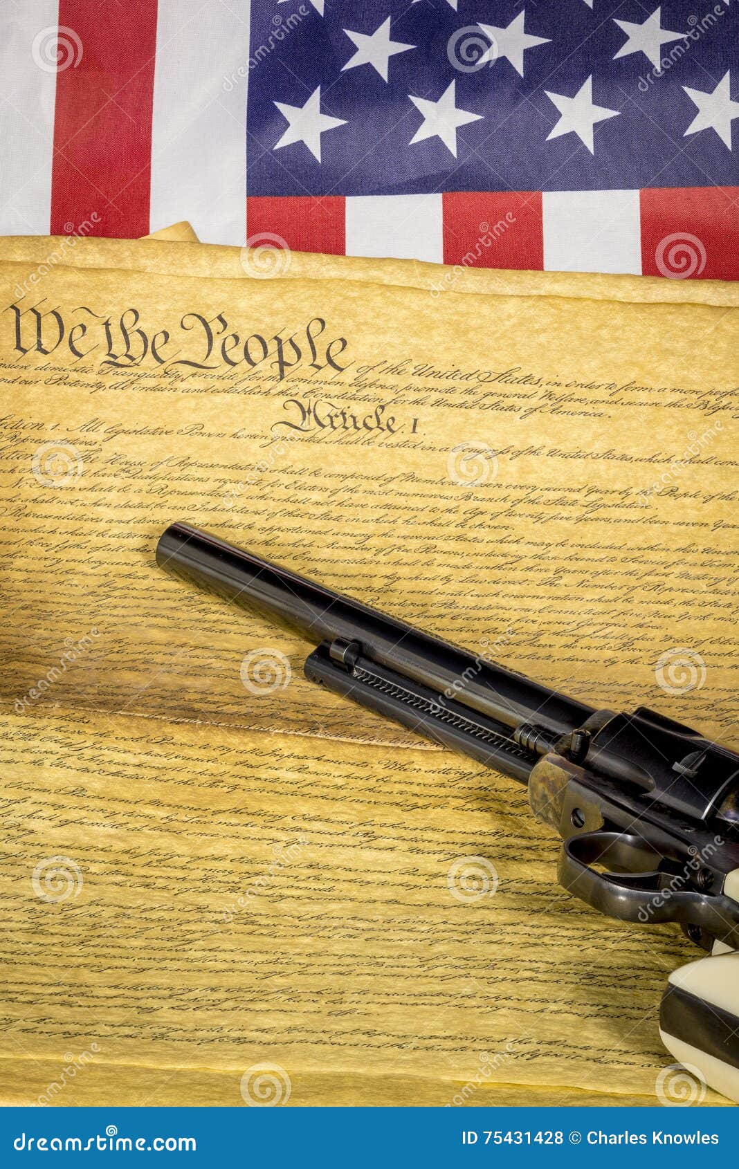 Handgun with the Constitution and American Flag Stock Photo - Image of ...