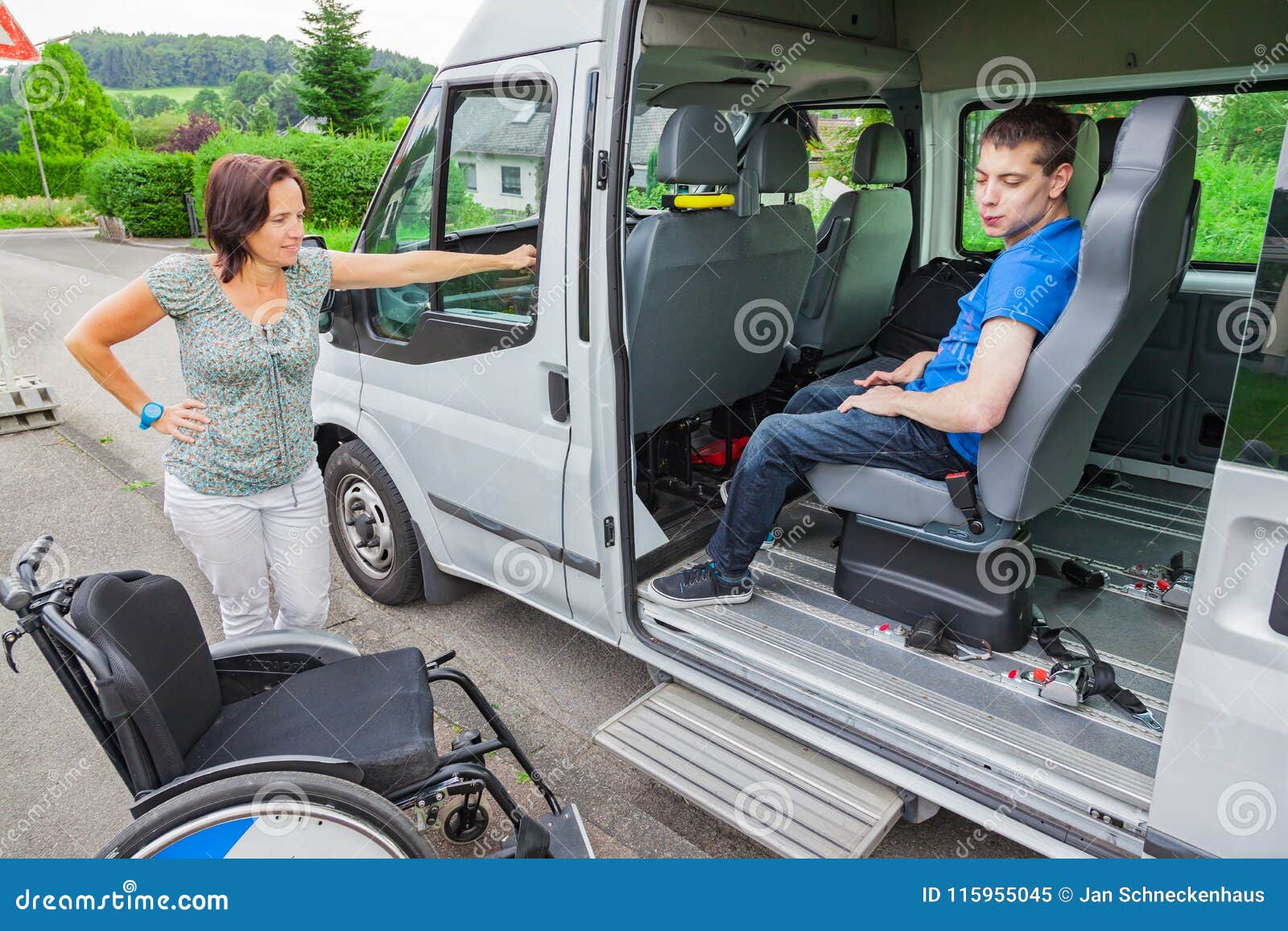 Handicapped Boy is Picked Up by School Bus Stock Image - Image of ...
