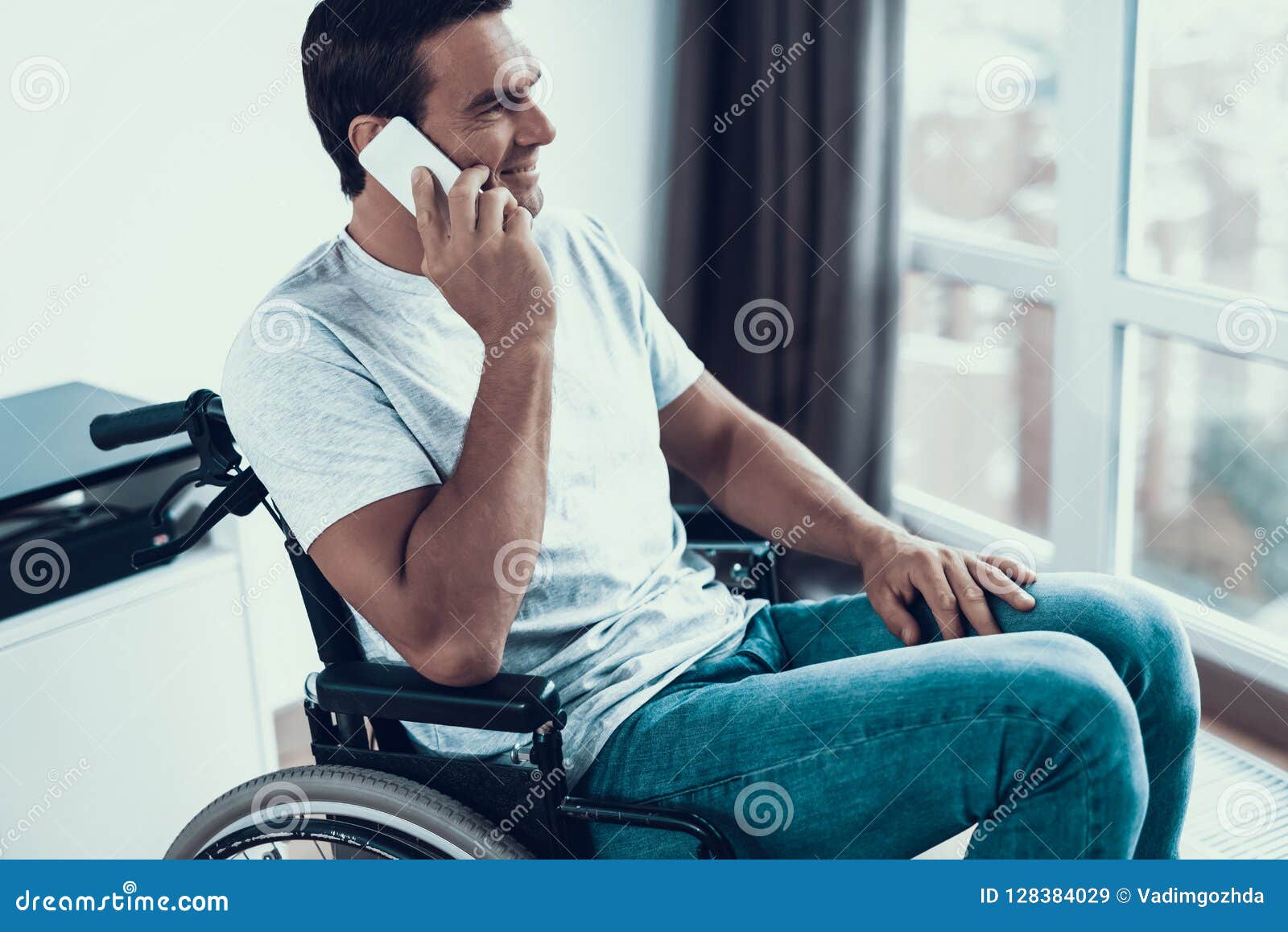 Handicapped Person In Wheelchair Talking Phone Stock Image Image Of