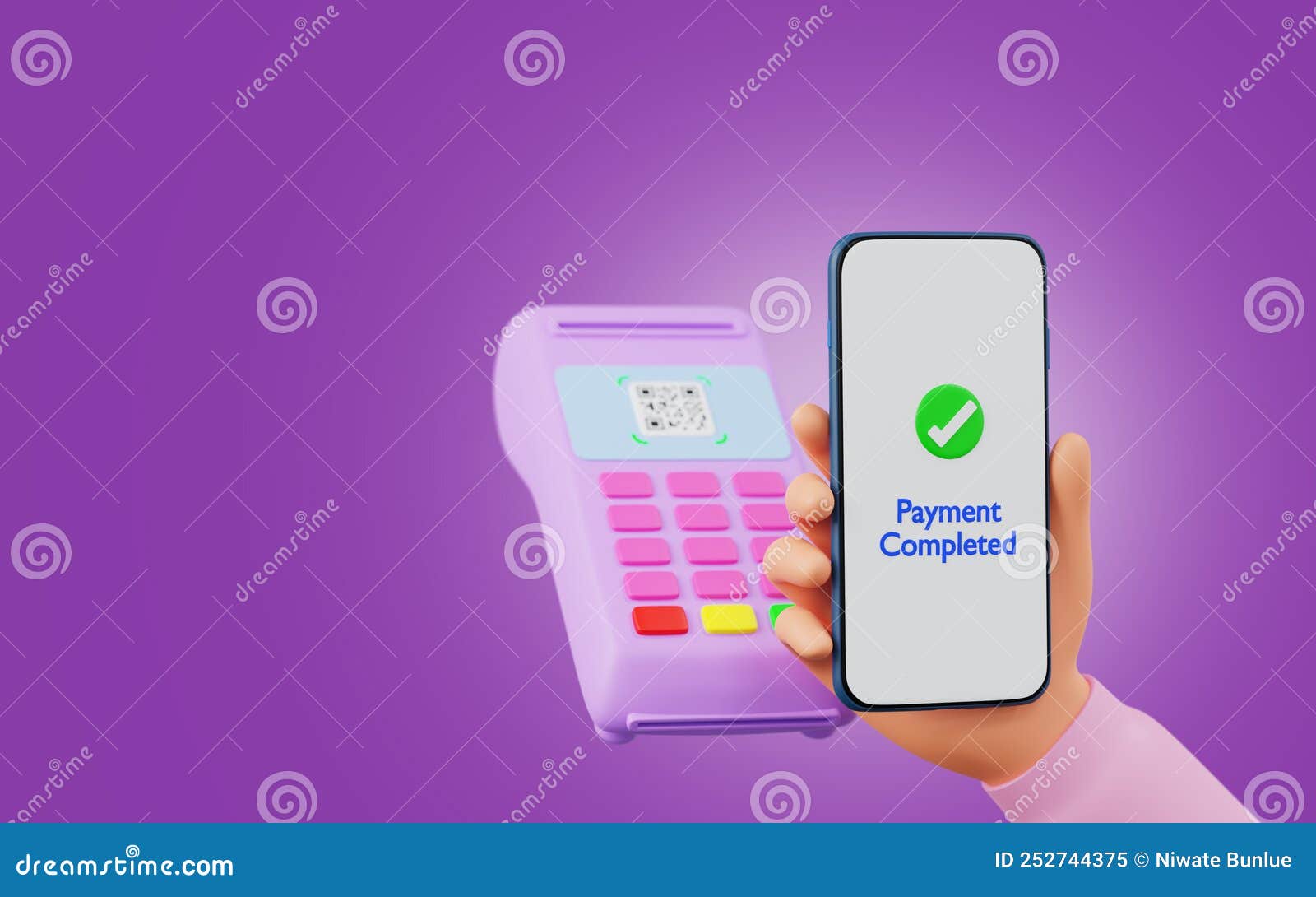 Handing Smartphone Scan Payment QR Code Completed at Card Swipe Machine ...