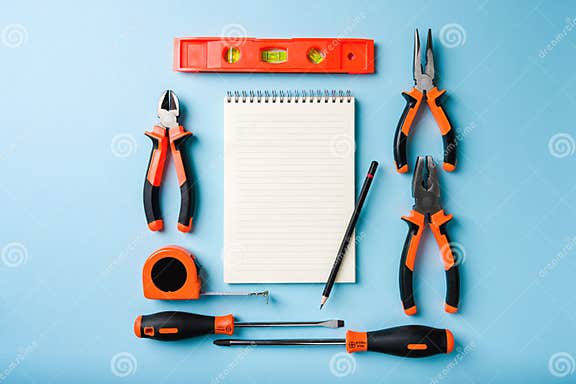 Handled Tools or Construction Tools on Blue Background with Blank ...
