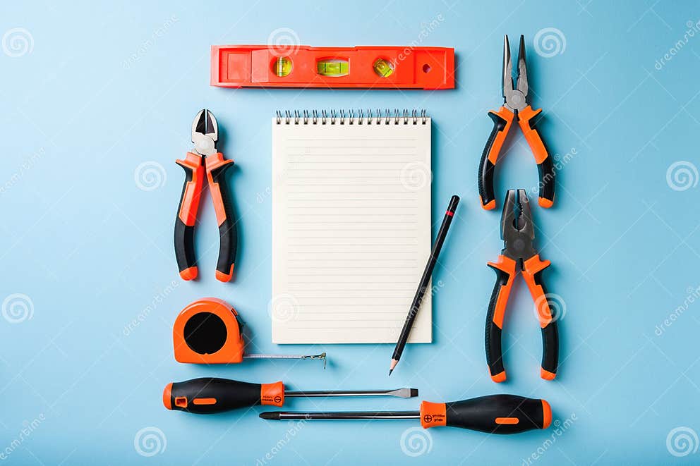 Handled Tools or Construction Tools on Blue Background with Blank ...