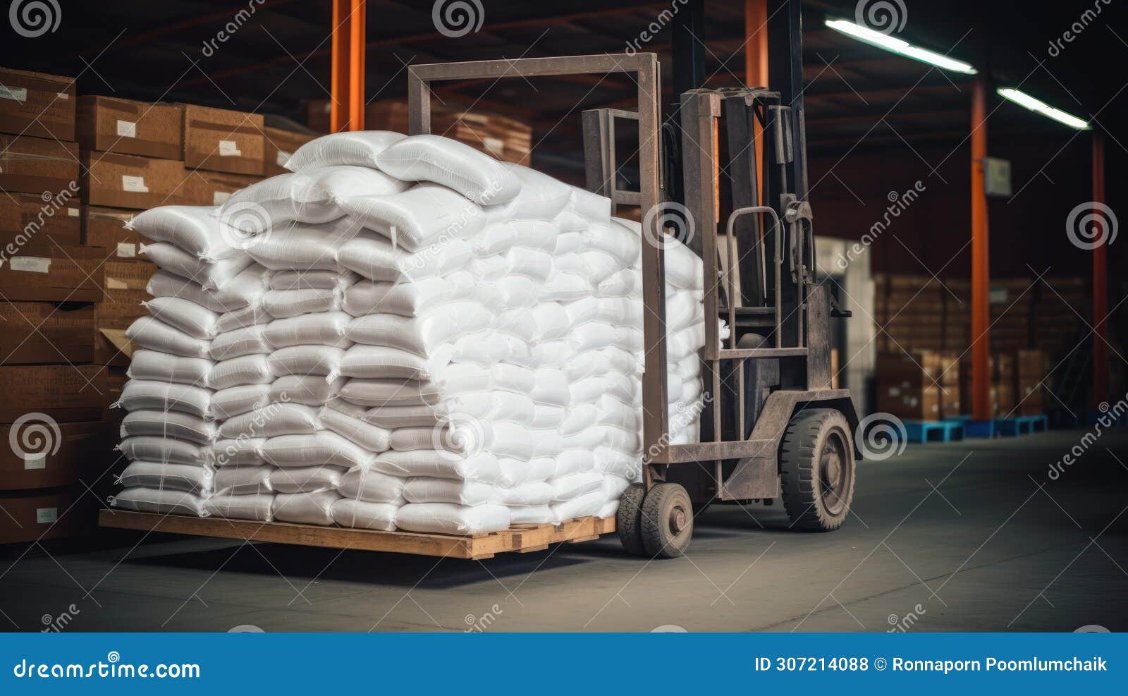 Handling Sugar Bags, Stacking in the Warehouse Using a Forklift Stock ...