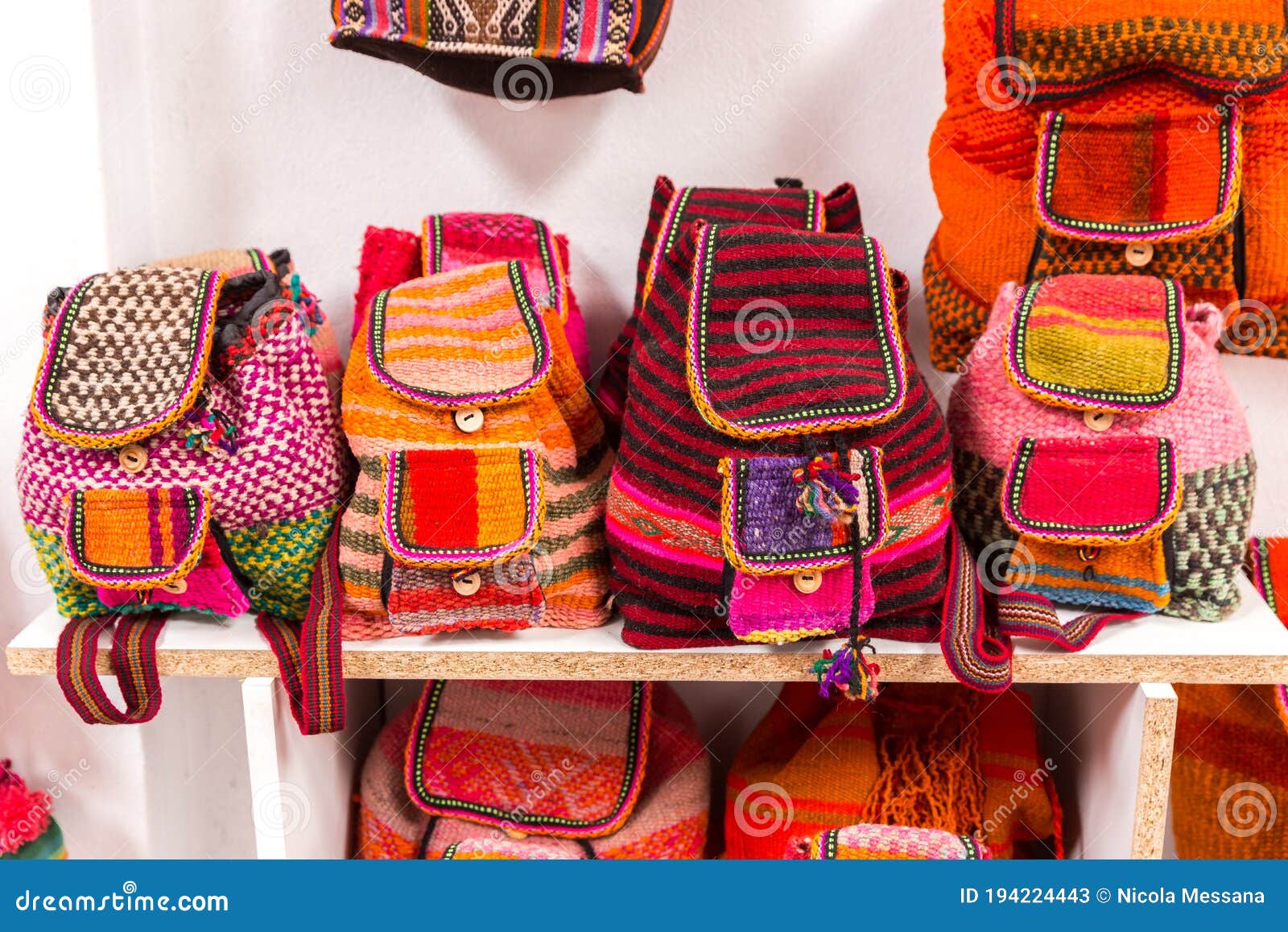 Handmade Alpaca Bags, Backpacks and Handbags in Cusco, Peru Stock Image ...