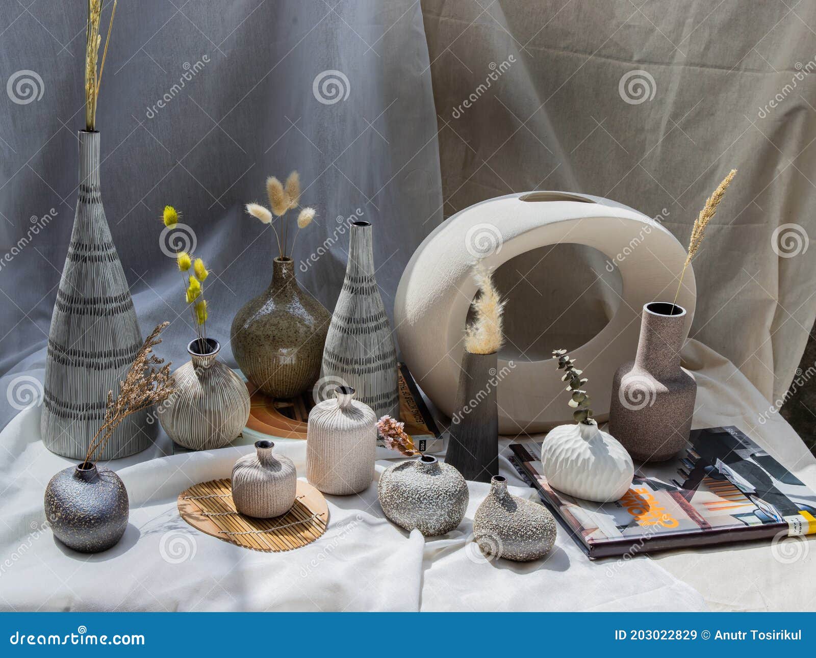 Handmade Assorted Many Different Ceramic Vases on White Table Stock Image - Image of fabric ...