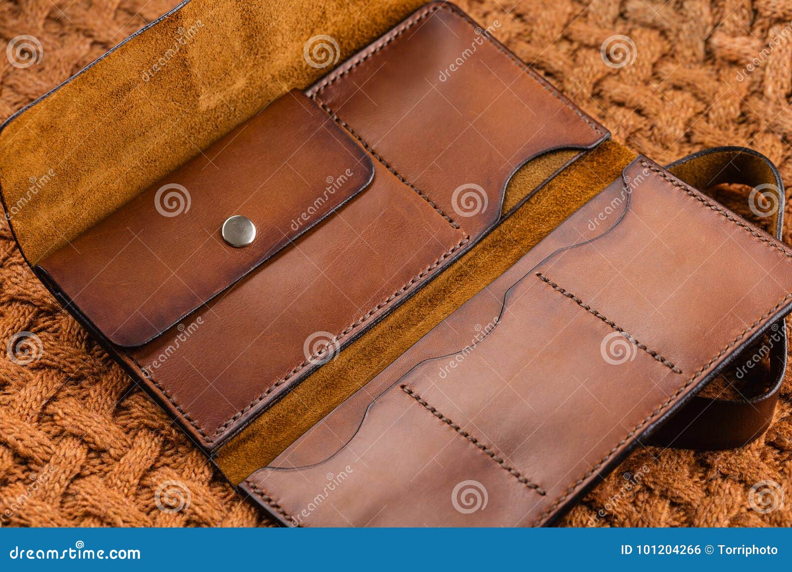 Handmade Brown Leather Open Wallet Stock Photo - Image of casual ...