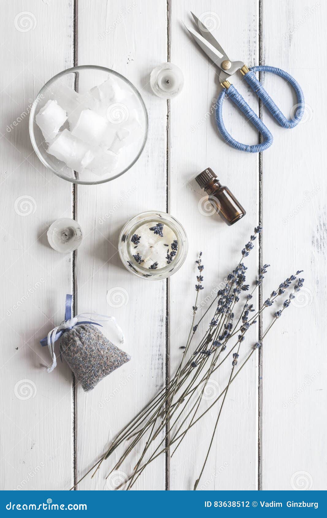 Handmade Candles with Lavender on Wooden Background Top View Stock ...