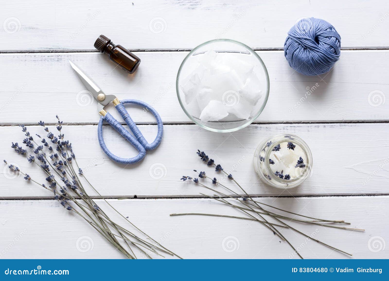 Handmade Candles with Lavender on Wooden Background Top View Stock ...