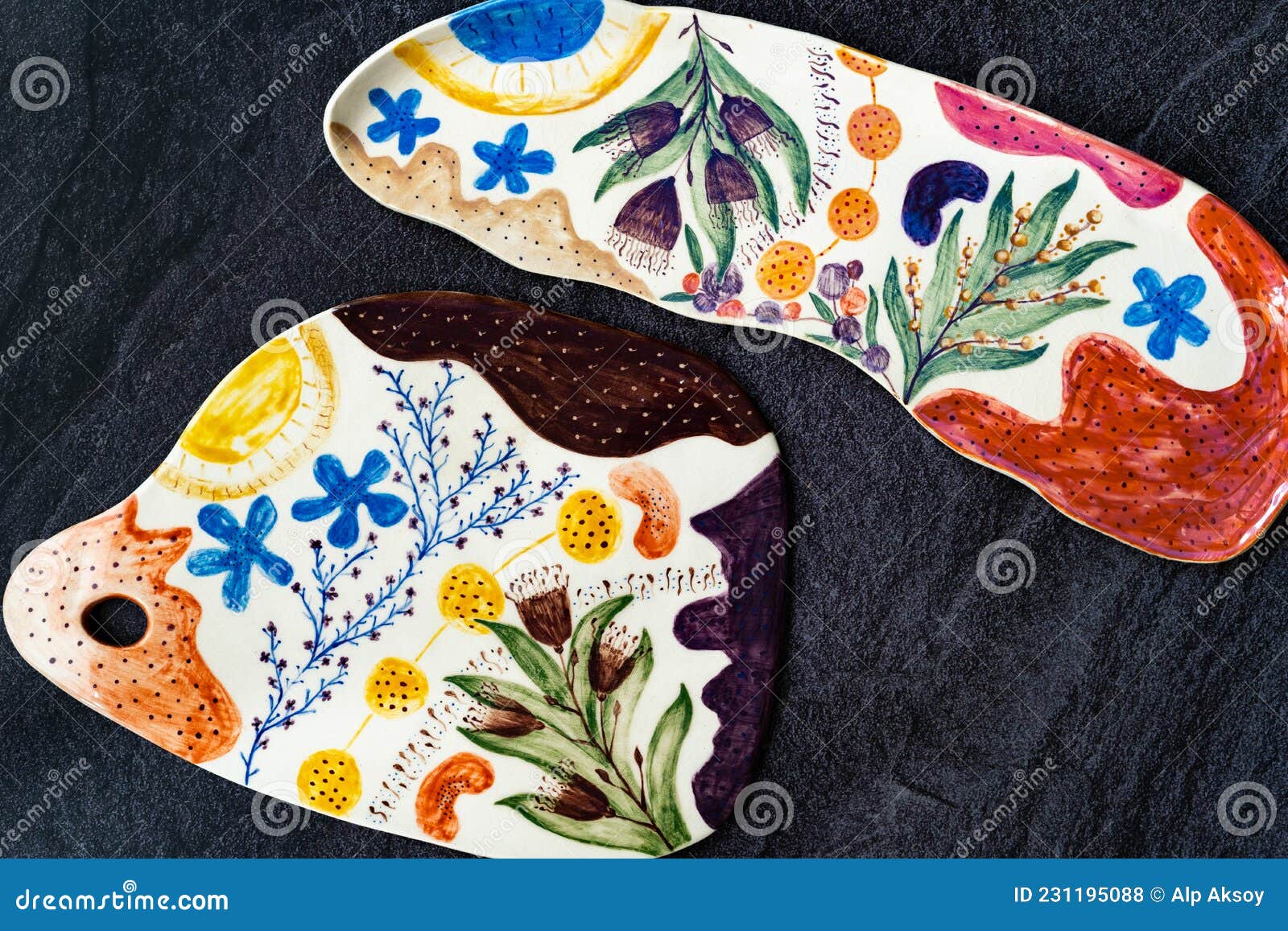 Handmade Ceramic Plates with Colorful Pattern Stock Photo - Image of ...