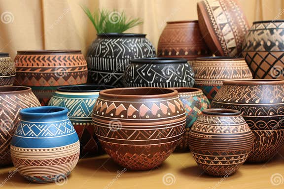 Handmade Clay Pots with Traditional Patterns Stock Image - Image of ...