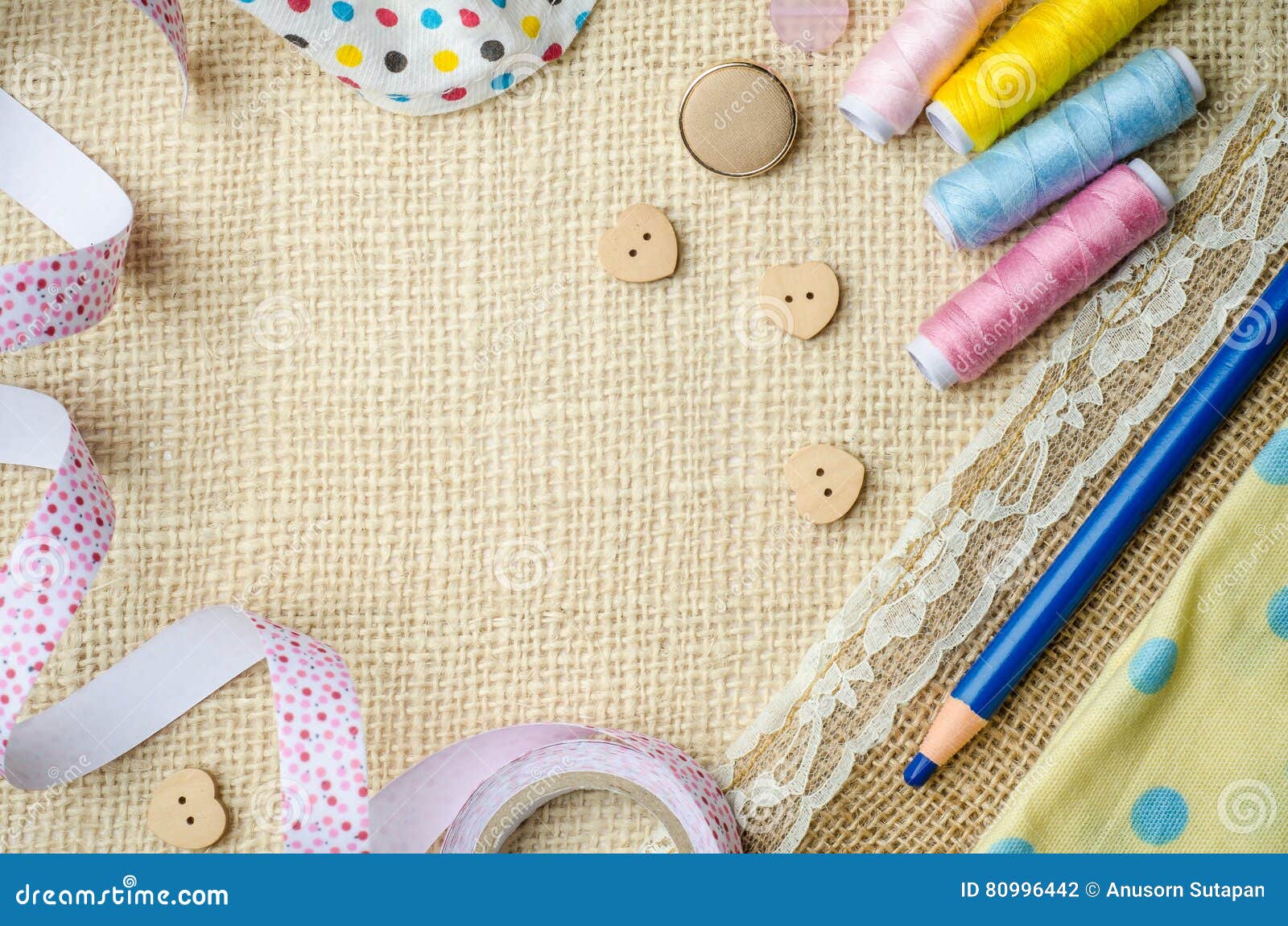 Handmade Craft Materials on Burlap Sack Background Stock Photo - Image ...
