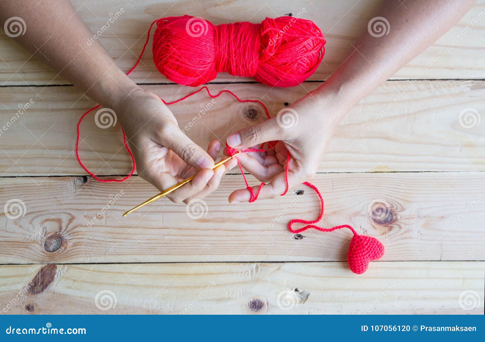 Handmade Crochet Red Heart on Wood Background Stock Photo - Image of ...