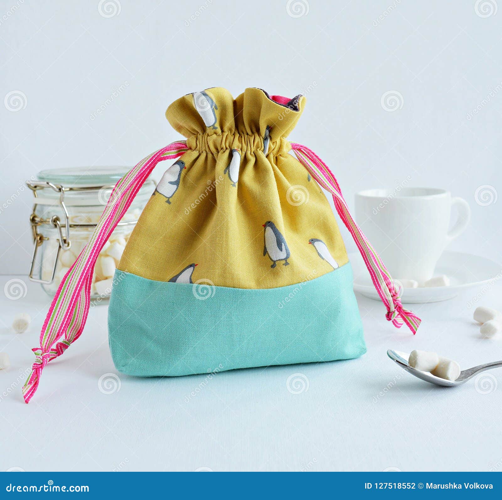 Handmade Drawstring Bag with Penguins Stock Photo - Image of mustard ...