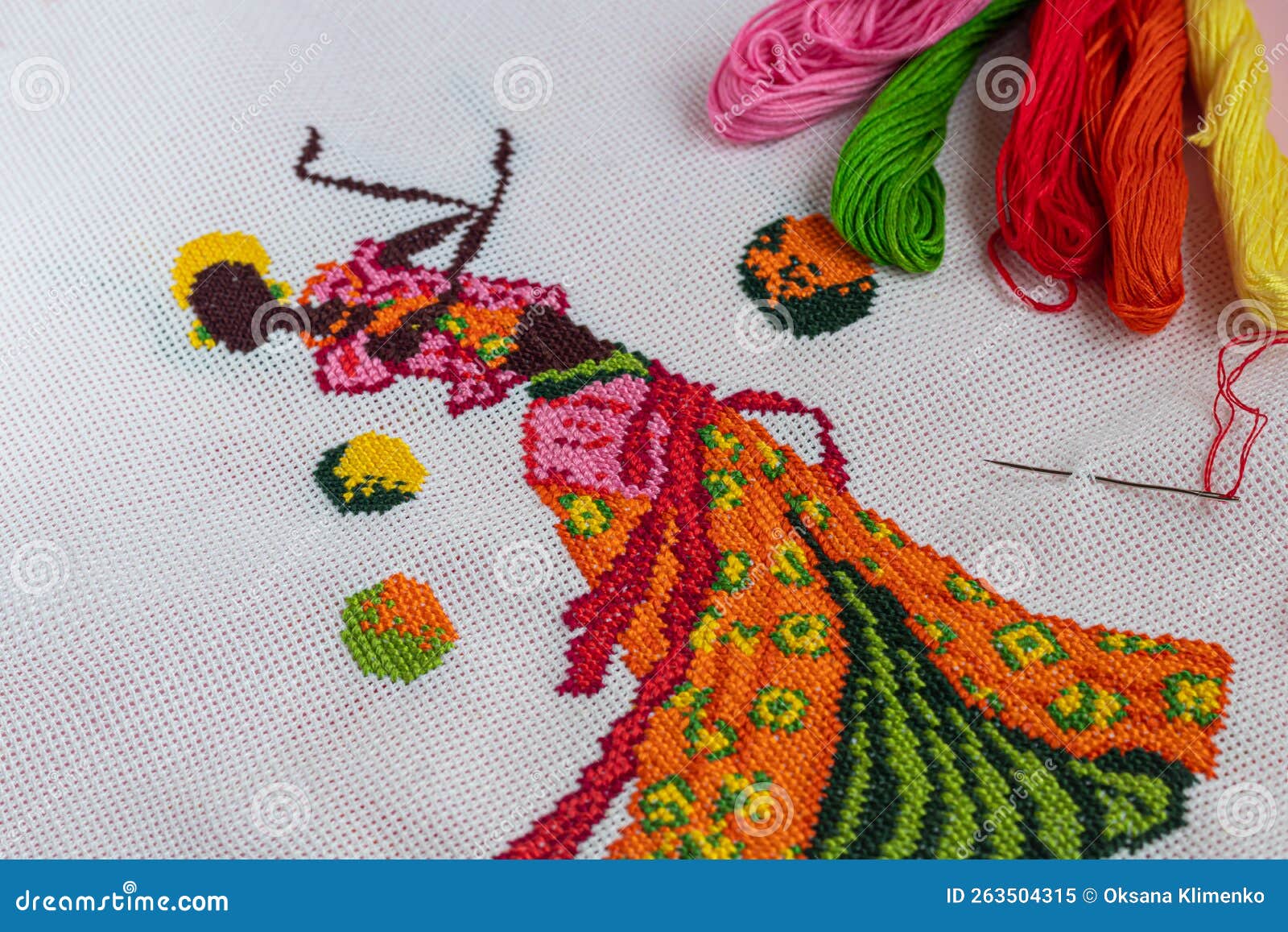 Handmade Embroidery. Multicolored Patterns on White Fabric. Ethnic ...