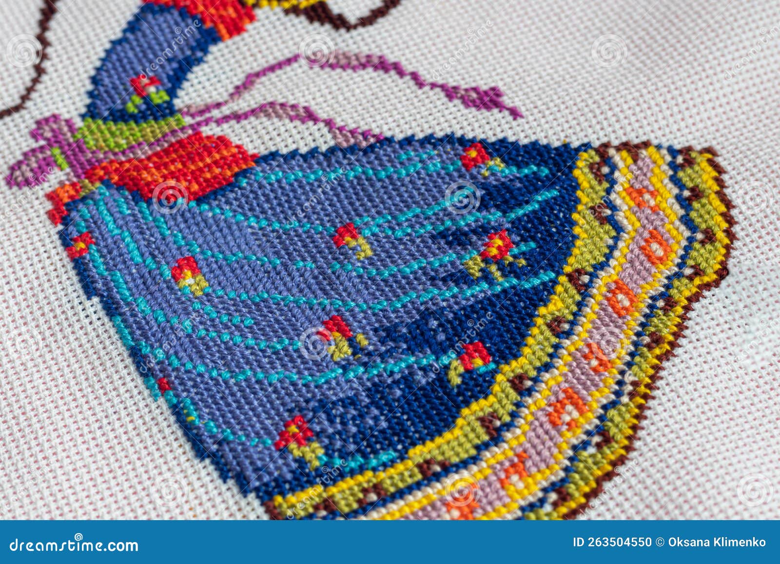 Handmade Embroidery. Multicolored Patterns on White Fabric. Ethnic ...