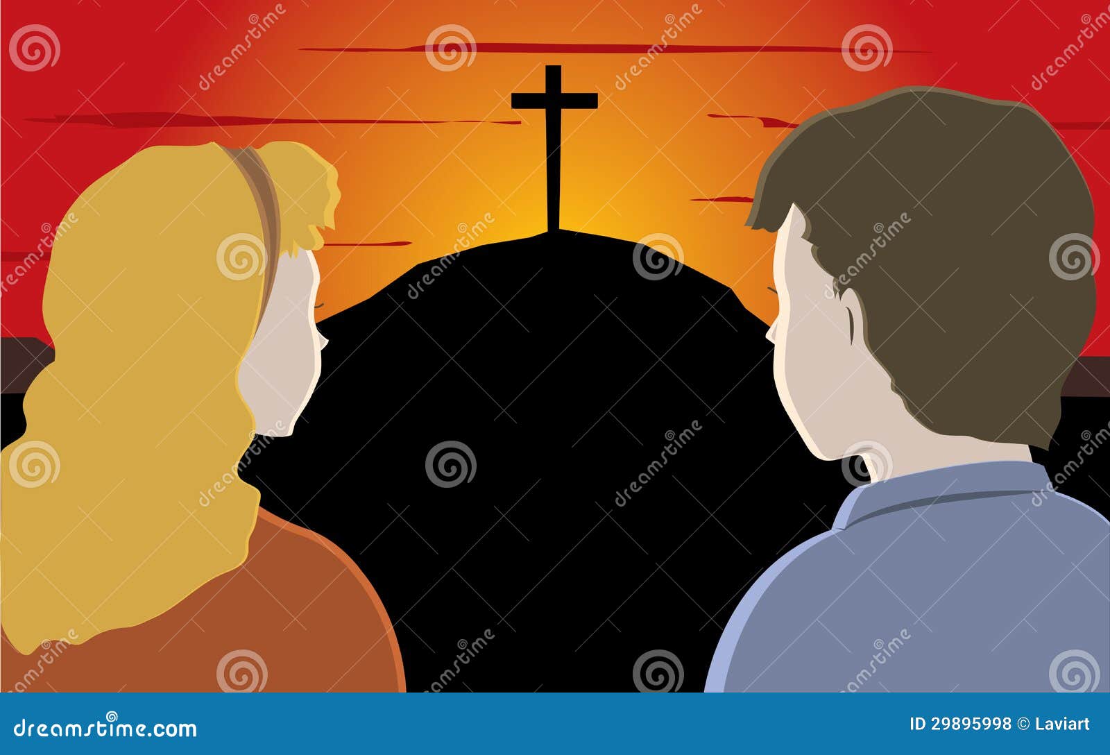 Two Children Looking at the Cross on the Hill Stock Illustration ...