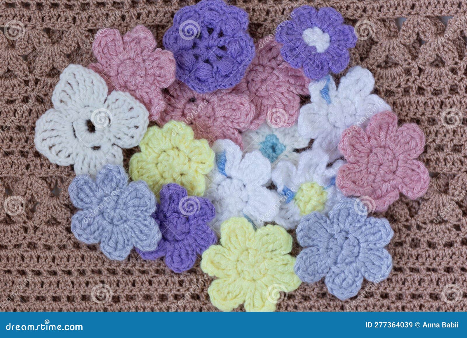Handmade Light Beige Knitting Macro Fabric Pattern with Crochet Flowers ...
