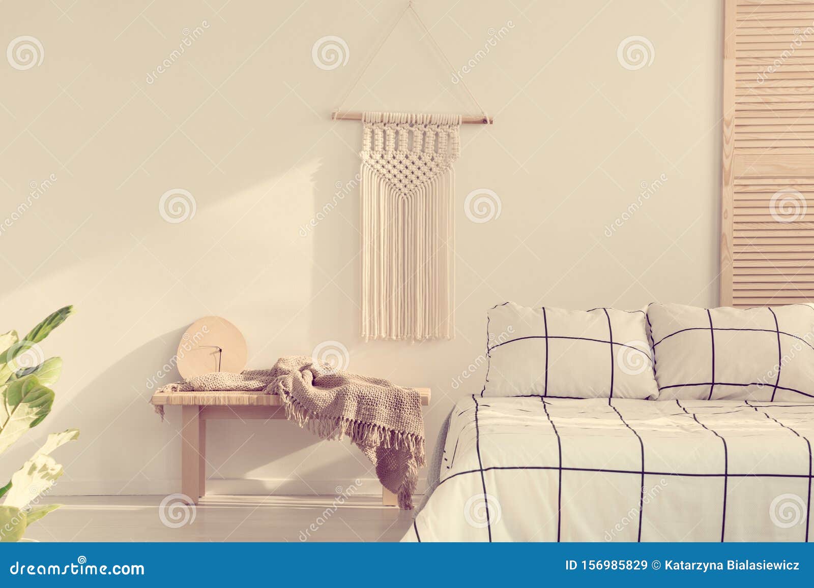 Handmade Macrame on Empty White Wall of Scandinavian Bedroom Interior ...