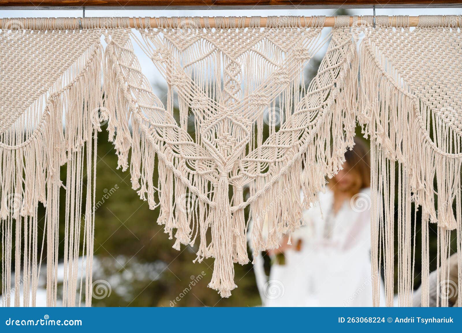 Handmade Macrame Hanging on a Wooden Frame in a Forest with Snow. Stock ...