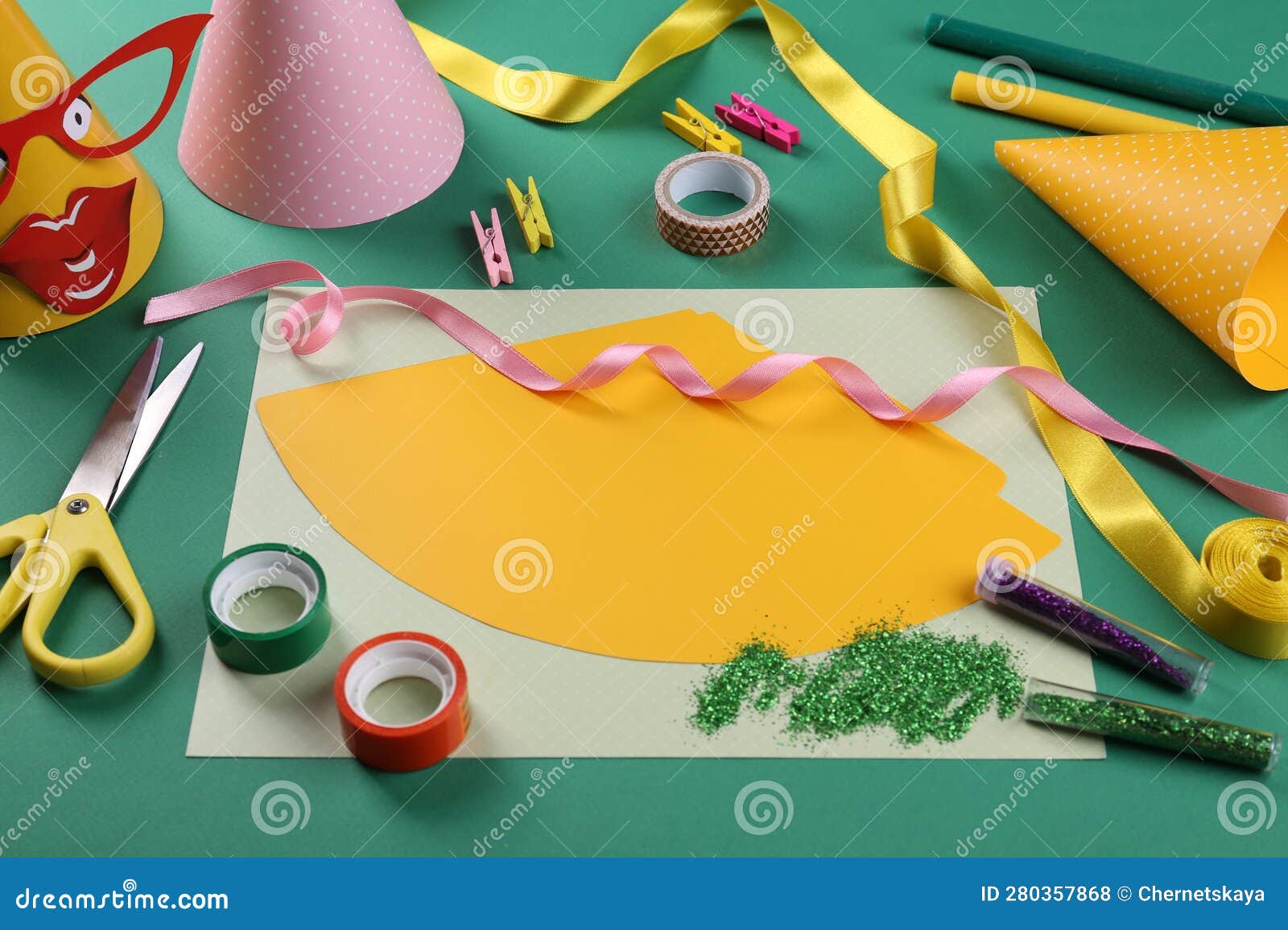 Handmade Party Hats, Template and Tools on Green Background Stock Photo ...