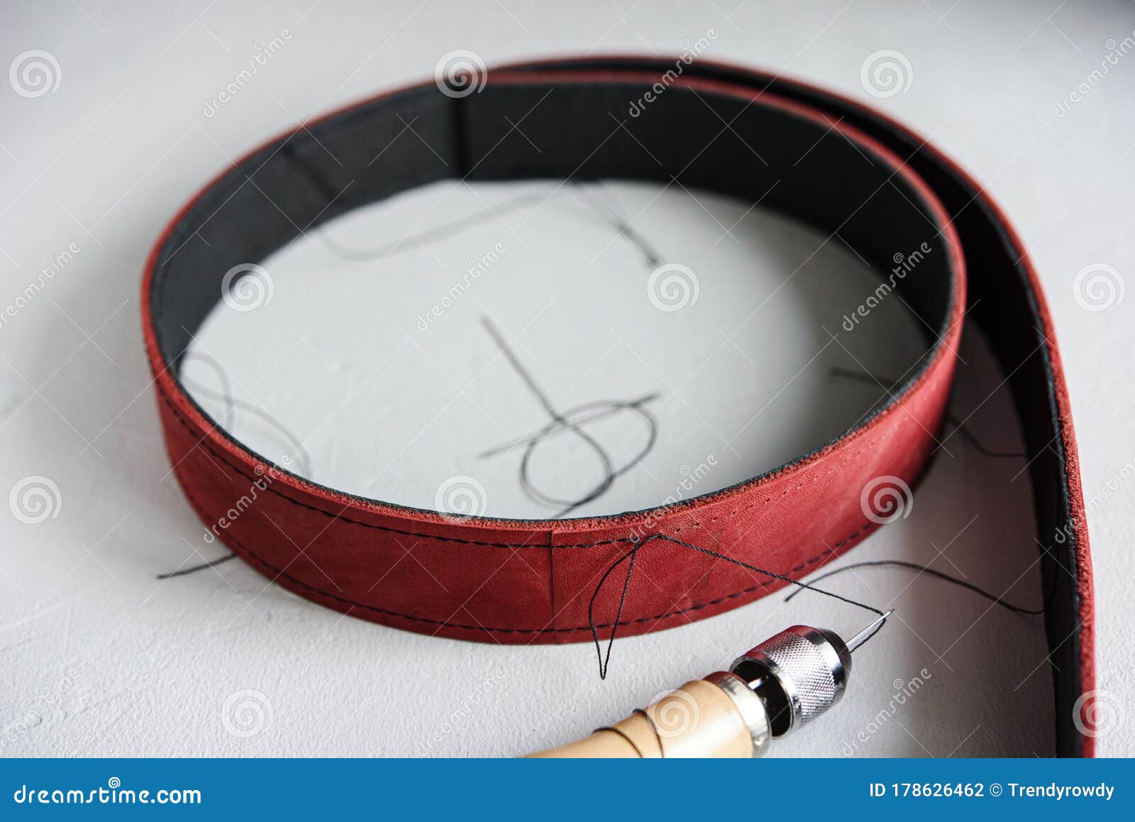 Handmade Red Leather Belt Sewing with Awl Stock Photo - Image of manual ...