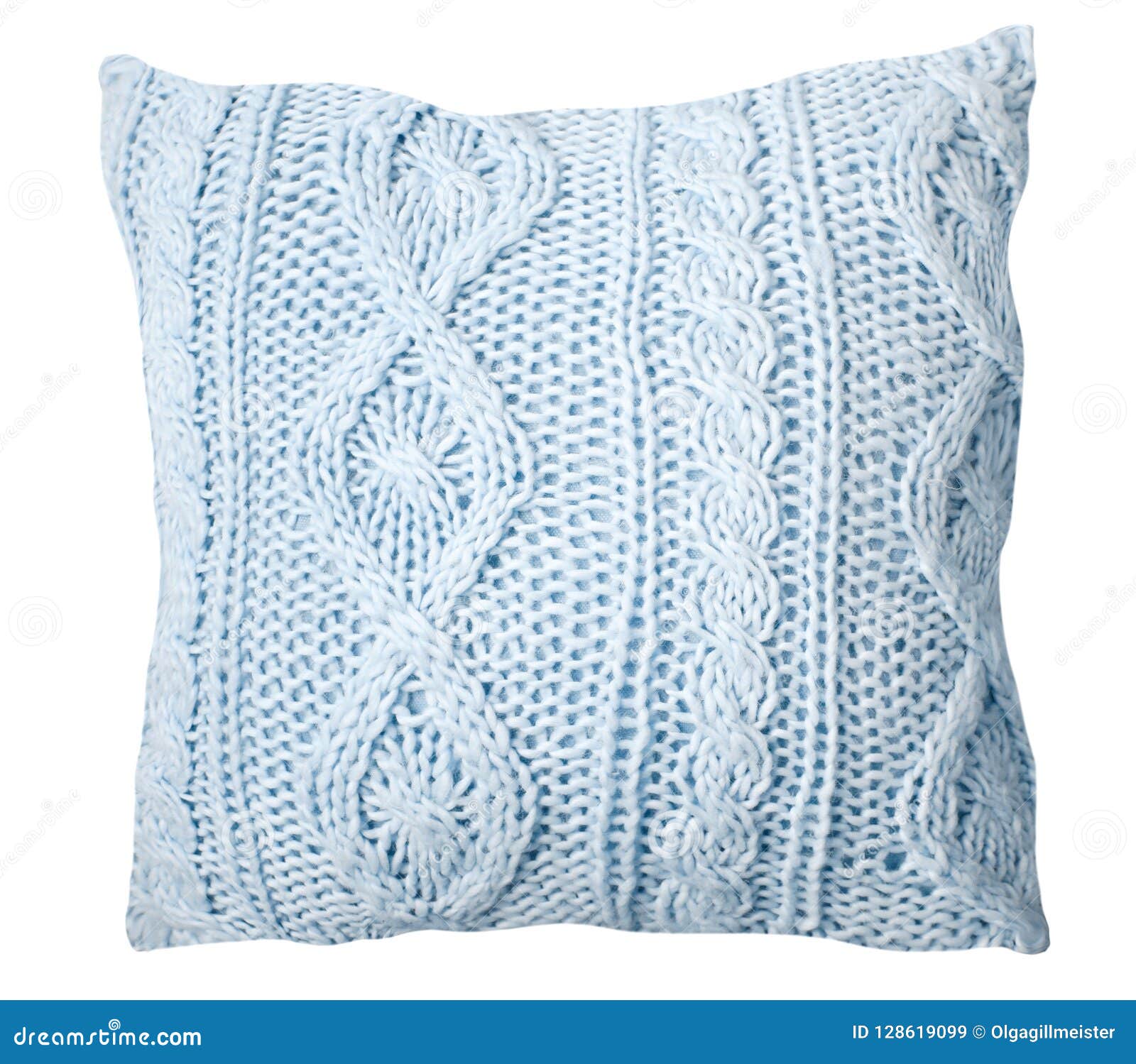Handmade Stylish Light Blue Knitted Pillow on a White Background Stock ...