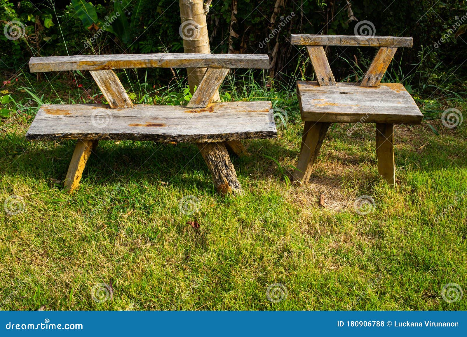 Handmade Wooden Chair on the Grass Texture Background Stock Photo ...