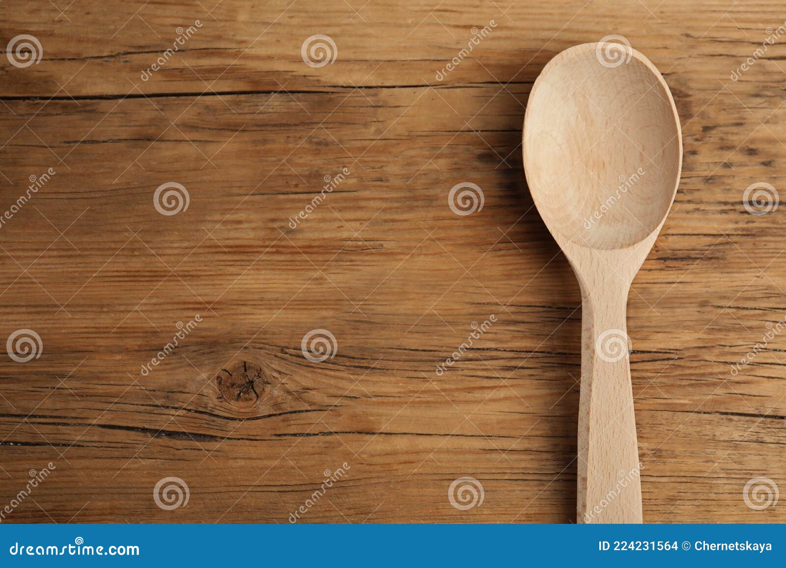 Handmade Wooden Spoon on Rustic Table, Top View. Space for Text Stock ...