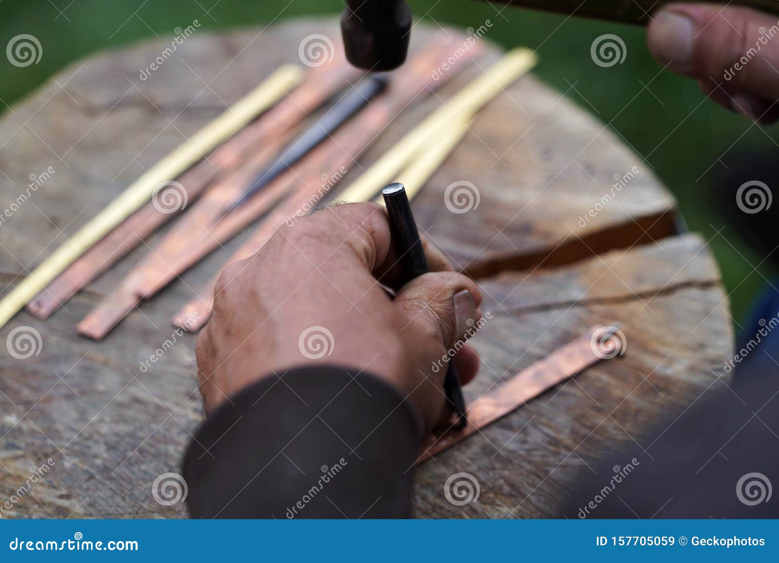 Handmade Work with Metal Engraving. Craftsman Working Outdoors Stock ...