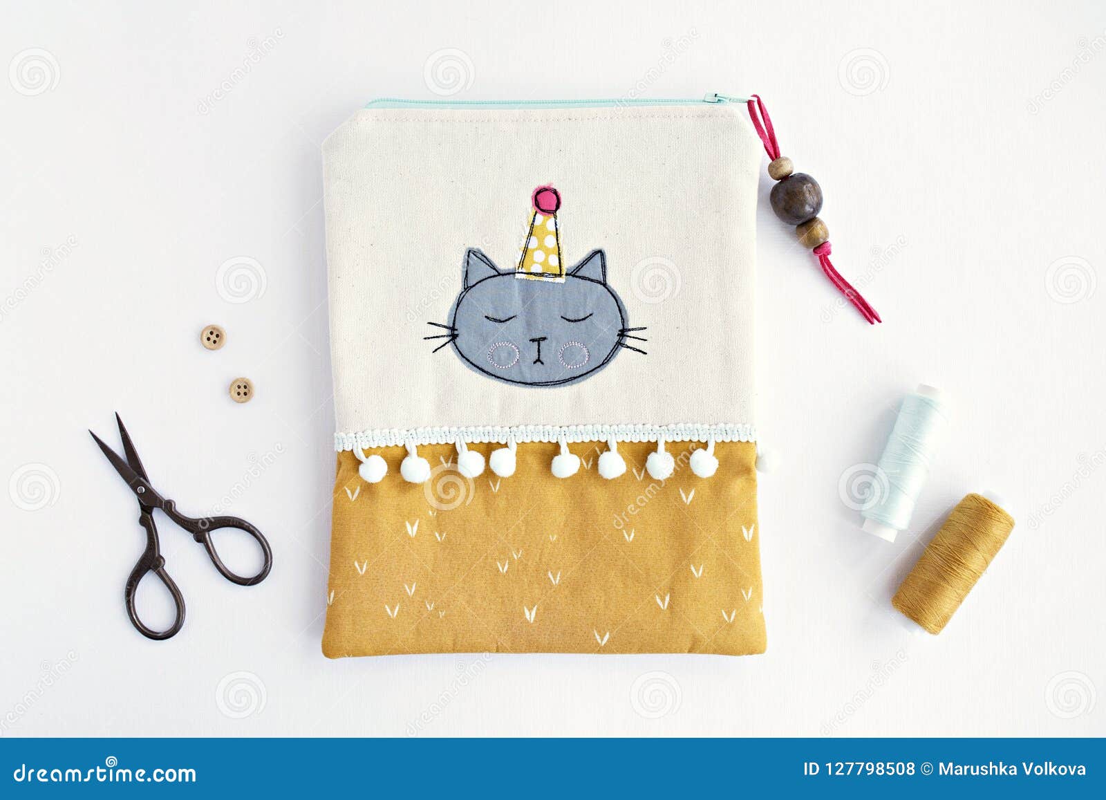 Handmade Zipper Pouch with Cute Cat in Cap Stock Photo - Image of ...