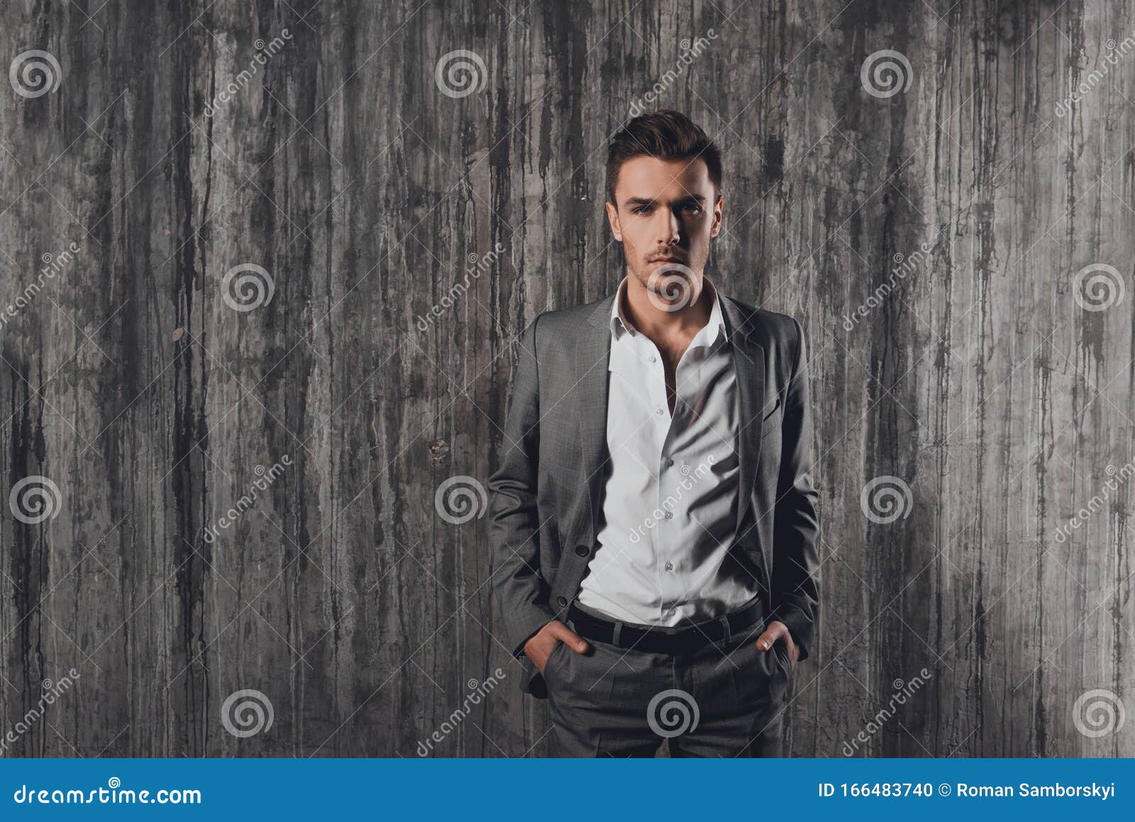 Handome Man in Suit on the Grey Background with Hands in Pockets 库存照片 ...