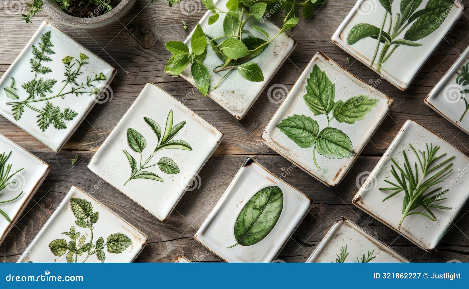 Handpainted Ceramic Tiles with Herb Illustration Stock Image - Image of ...