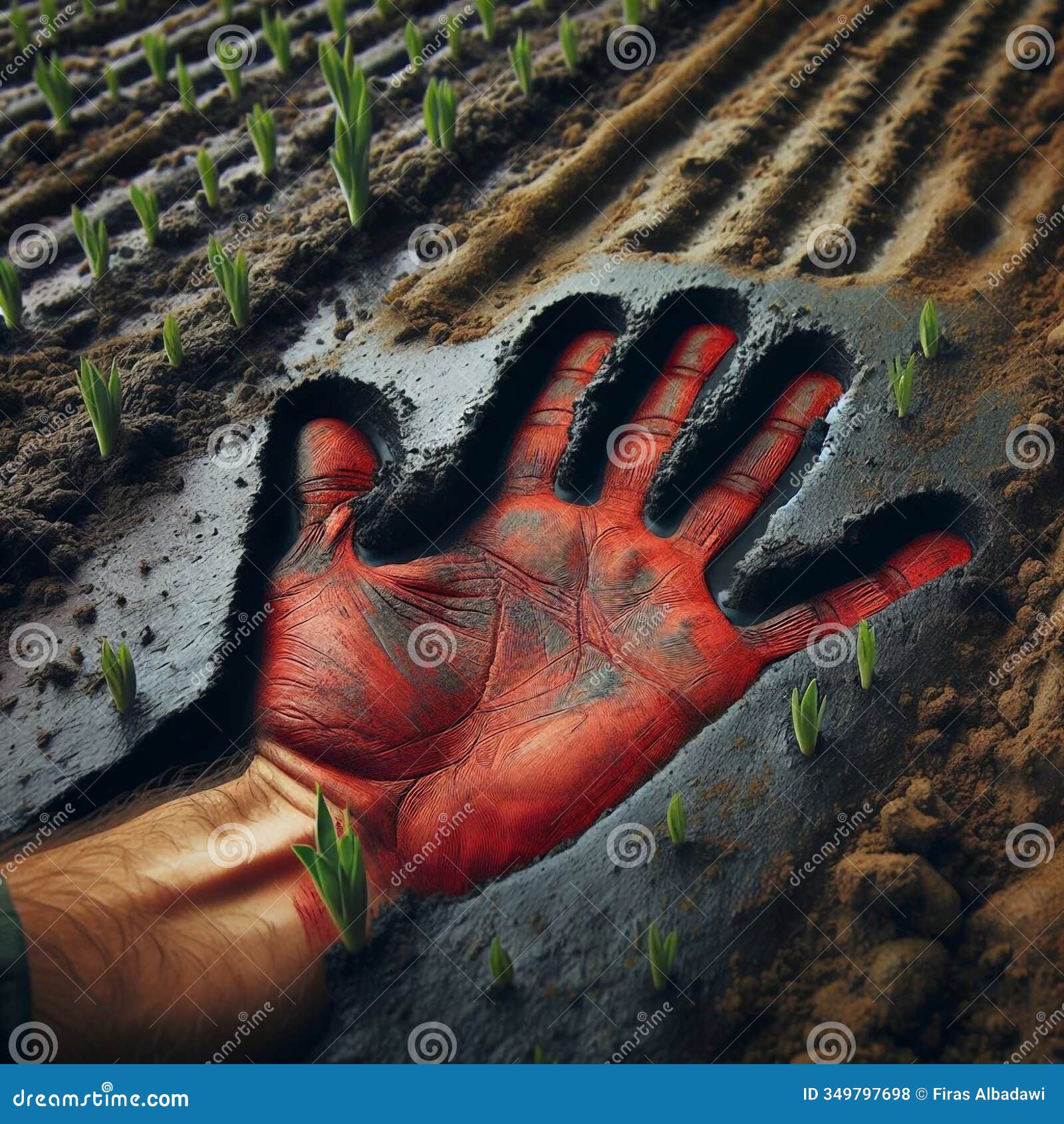 A Handprint Imprinted in Dark Soil with Young Plants Sprouting Around ...