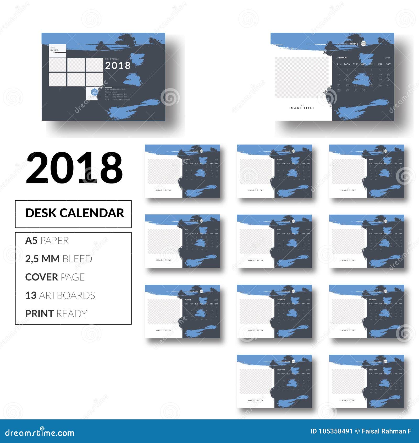 Handrawn Brush Desk Calendar Template Design 2018 Vector Stock Vector ...