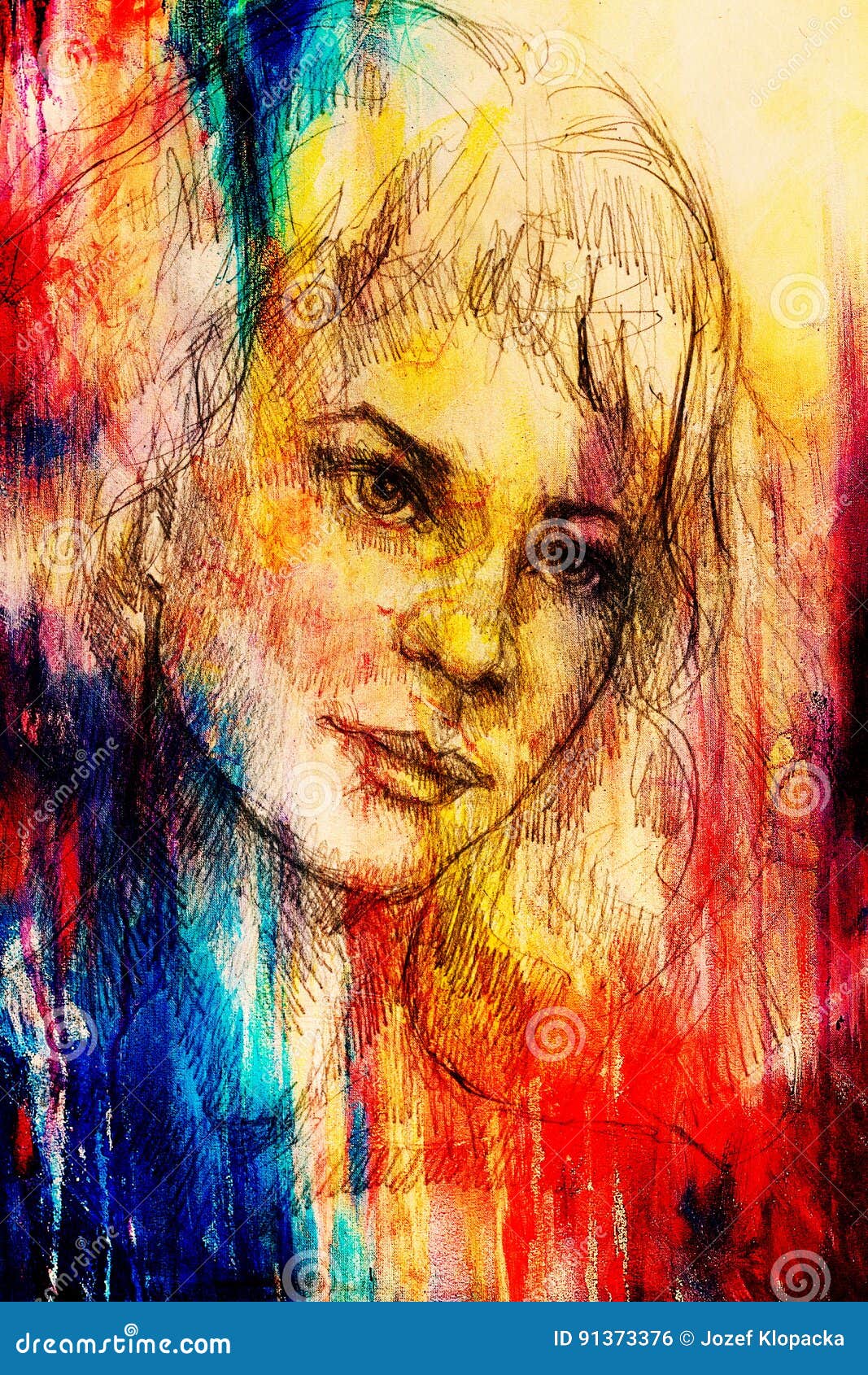 Handrawn Portrait of Young Woman on Background with Structured Graphic ...