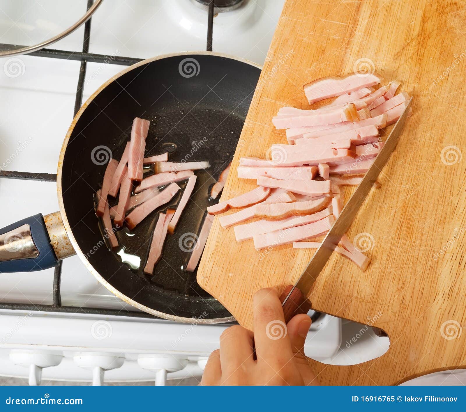 Hands Adds Sliced Bacon To Hot Skillet Stock Image - Image of homework ...
