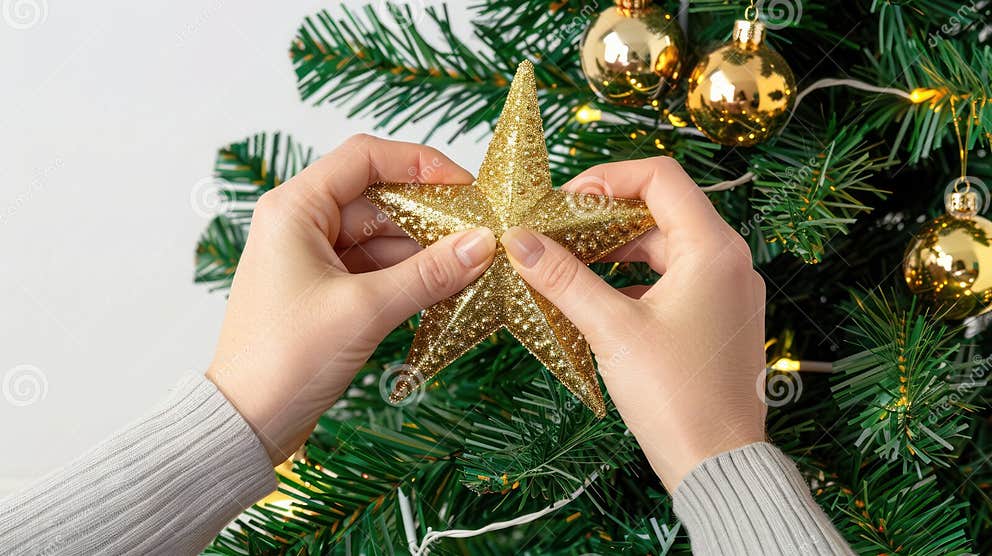 Hands Adjusting the Position of a Star-shaped Christmas Tree Stock ...