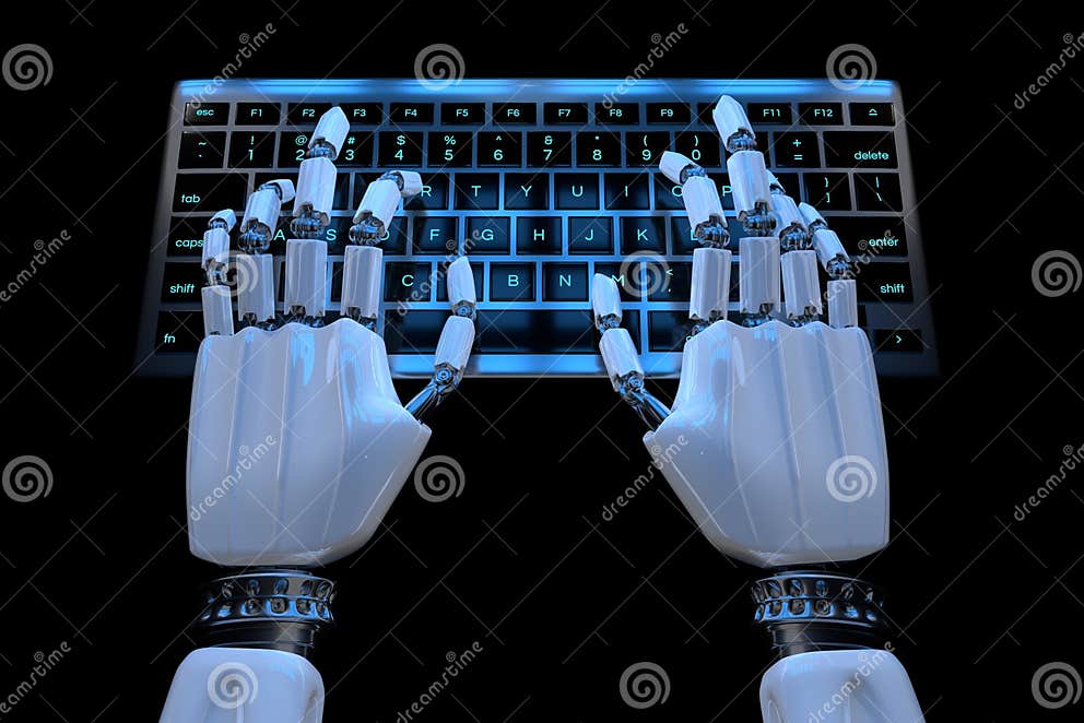 Hands Of Ai Robot Typing On Keypad Robotic Cyborg Hand Using Keyboard Computer 3d Render