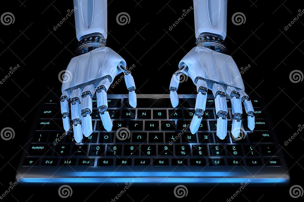 Hands Of Ai Robot Typing On Keypad Robotic Cyborg Hand Using Keyboard Computer 3d Render