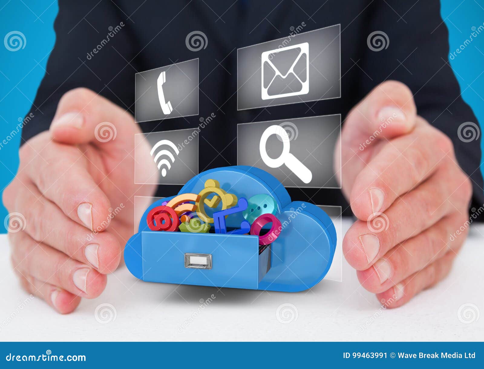 Hands with Application Icons on a Cloud and with Icons Panel Behind ...