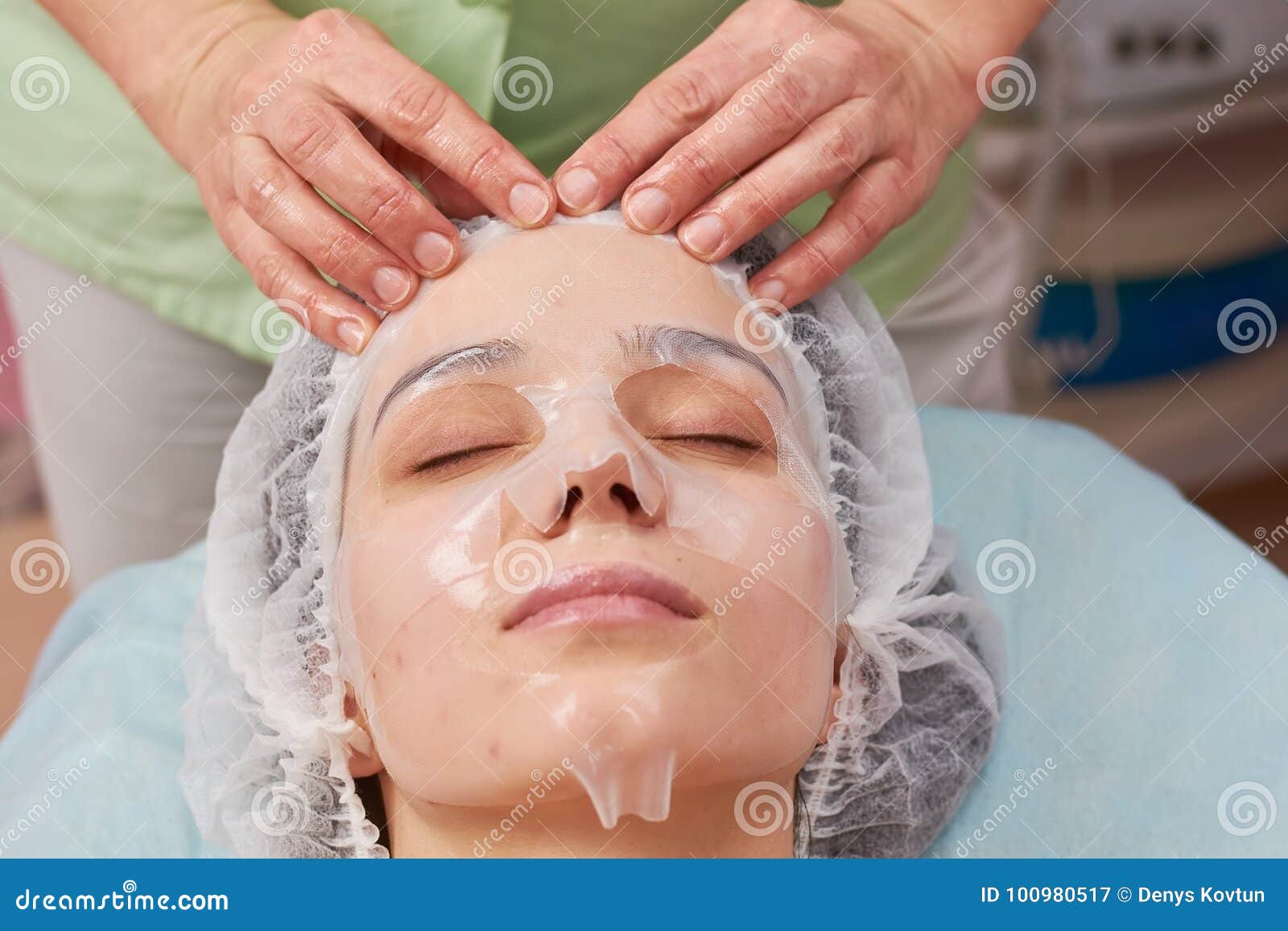 Hands Applying Facial Hydrogel Mask. Stock Image - Image of female ...