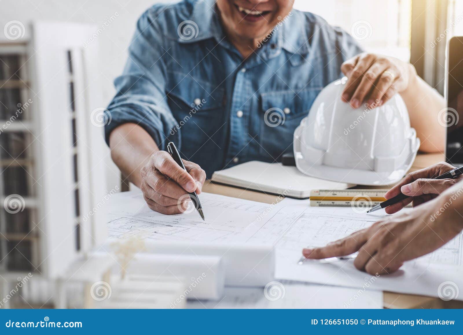 Hands of Architect or Engineer Working on Blueprint Meeting for Stock ...