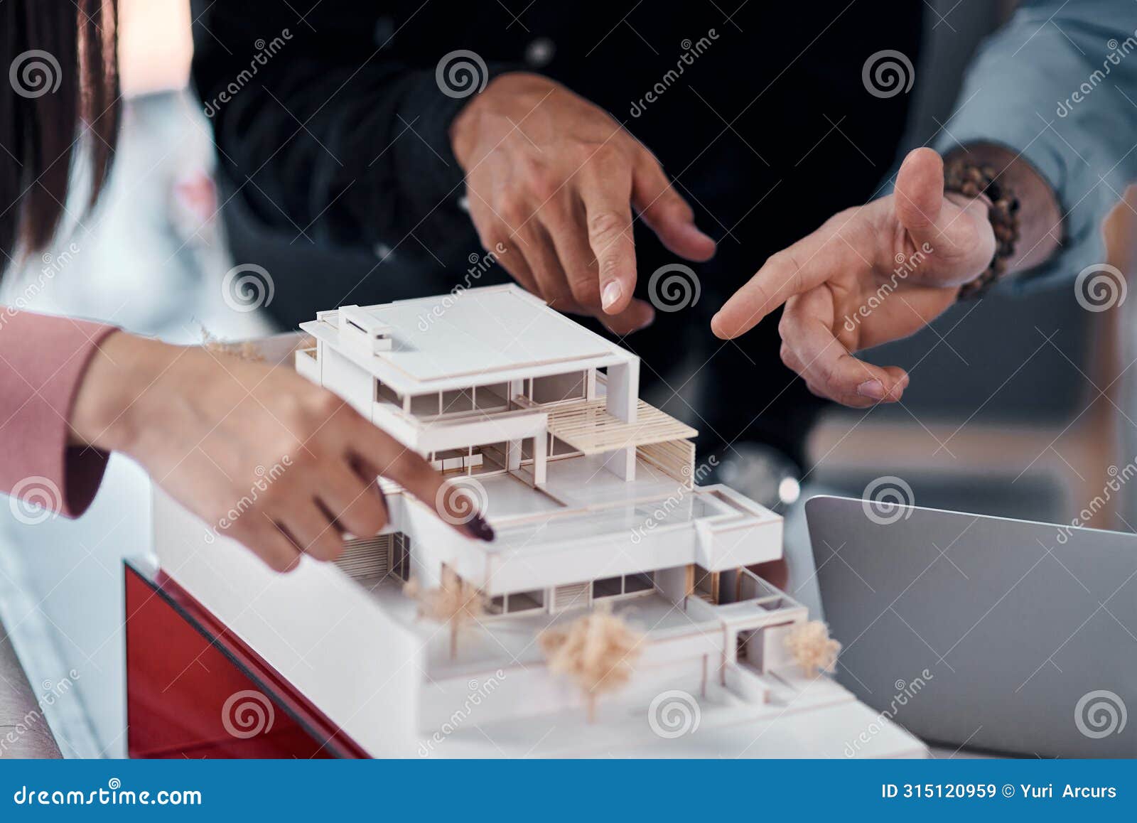 Hands, Architect Group and Model of Building with Pointing for Ideas ...