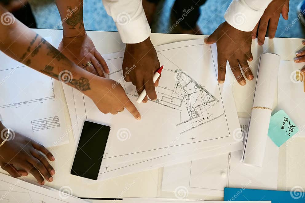 Hands, Architecture Design in Workshop for Blueprint, Drawing and Structure for Building ...