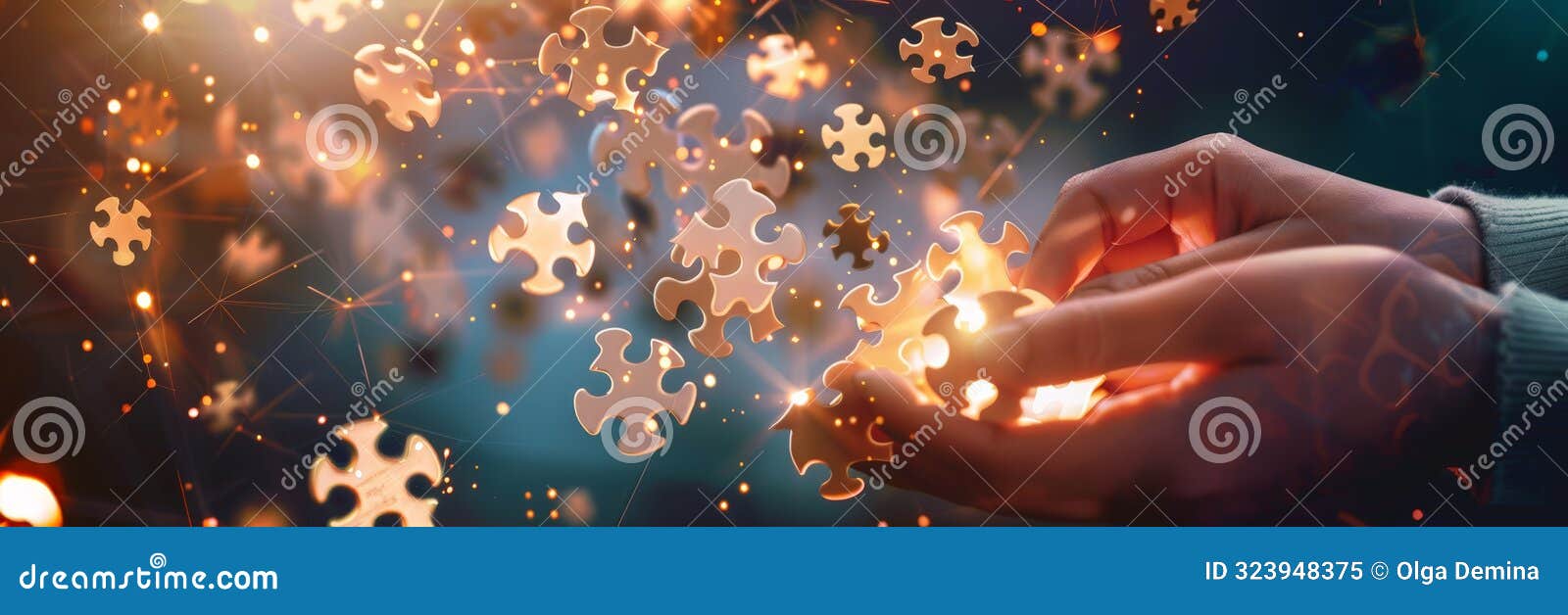 Hands Arranging Glowing Puzzle Pieces with a Burst of Light and Network ...