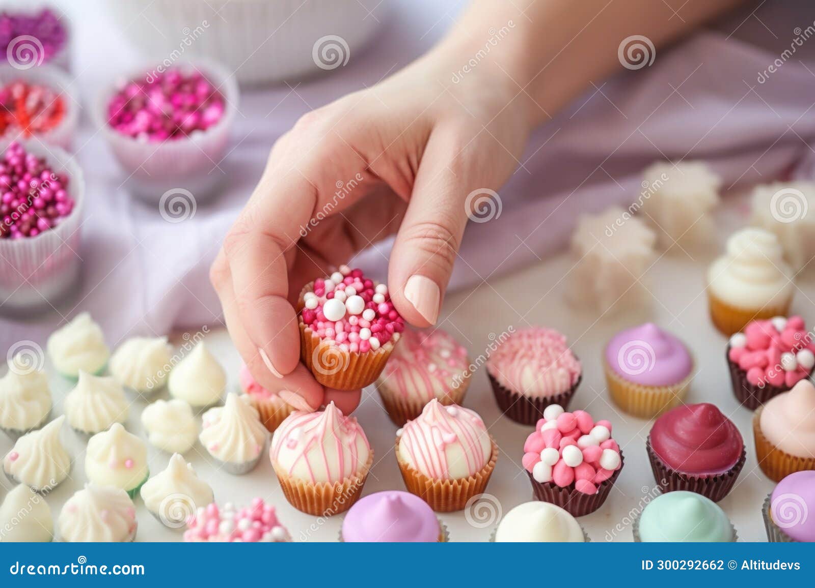 Hands Arranging a Variety of Mini Cupcakes Stock Photo - Image of ...