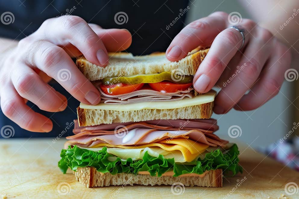Hands Assembling a Sandwich with Layers Visible Stock Image - Image of ...