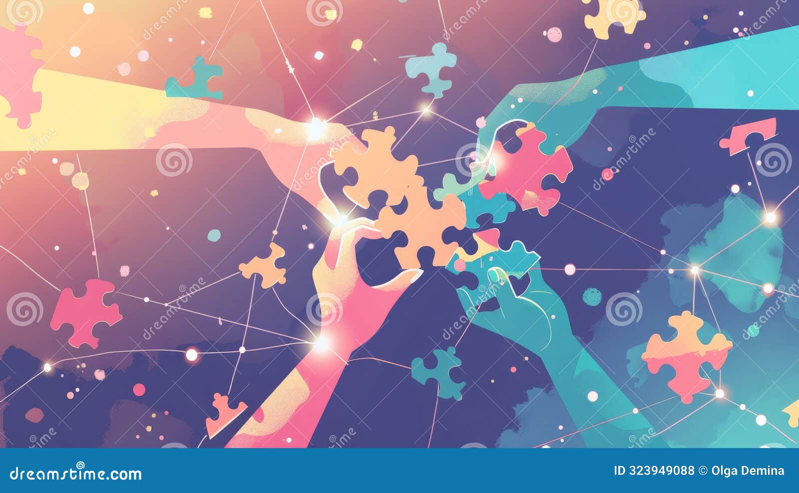 Hands Assembling a Vibrant Puzzle with Network Connections and Glowing ...
