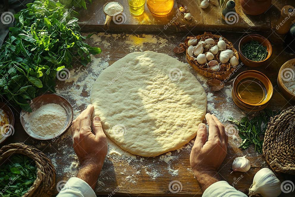 Hands of a Baker Rolling Out Dough for Flatbreads in Bright Morning ...
